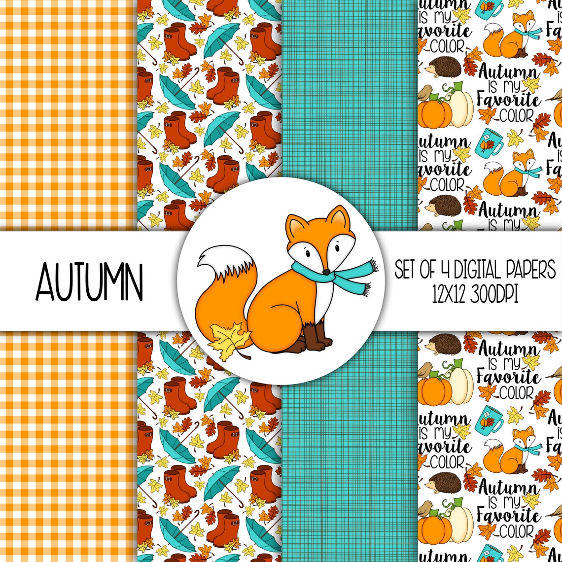 Autumn Hand Drawn Digital Paper Mini Pack Set of 4 Fox | Etsy