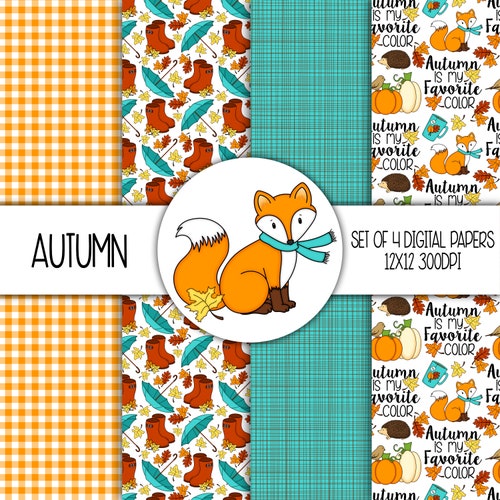 Autumn Hand Drawn Digital Paper Mini Pack Set of 4 Fox - Etsy