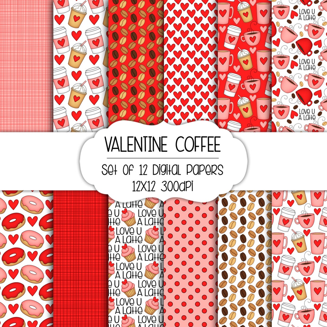 Valentine Coffee Hand Drawn Digital Paper - Set of 12 - Coffee Mugs ...