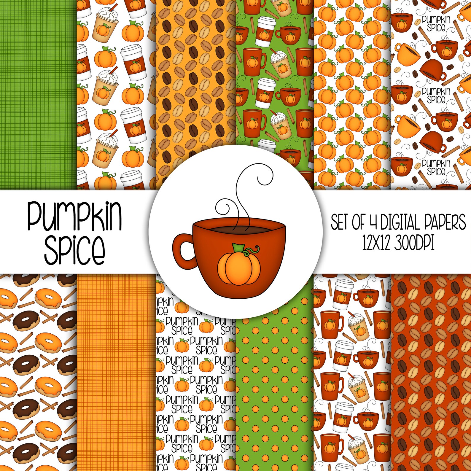 Pumpkin Spice Hand Drawn Digital Paper - Set of 12 - Coffee Mugs, Latte ...