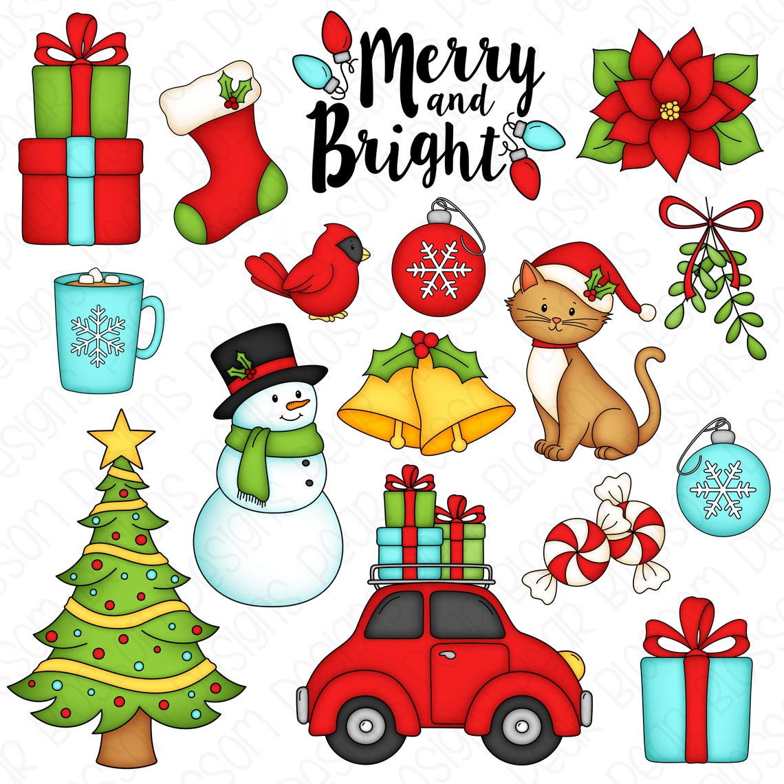 Merry and Bright Christmas Clipart Set Hand Drawn Digital | Etsy