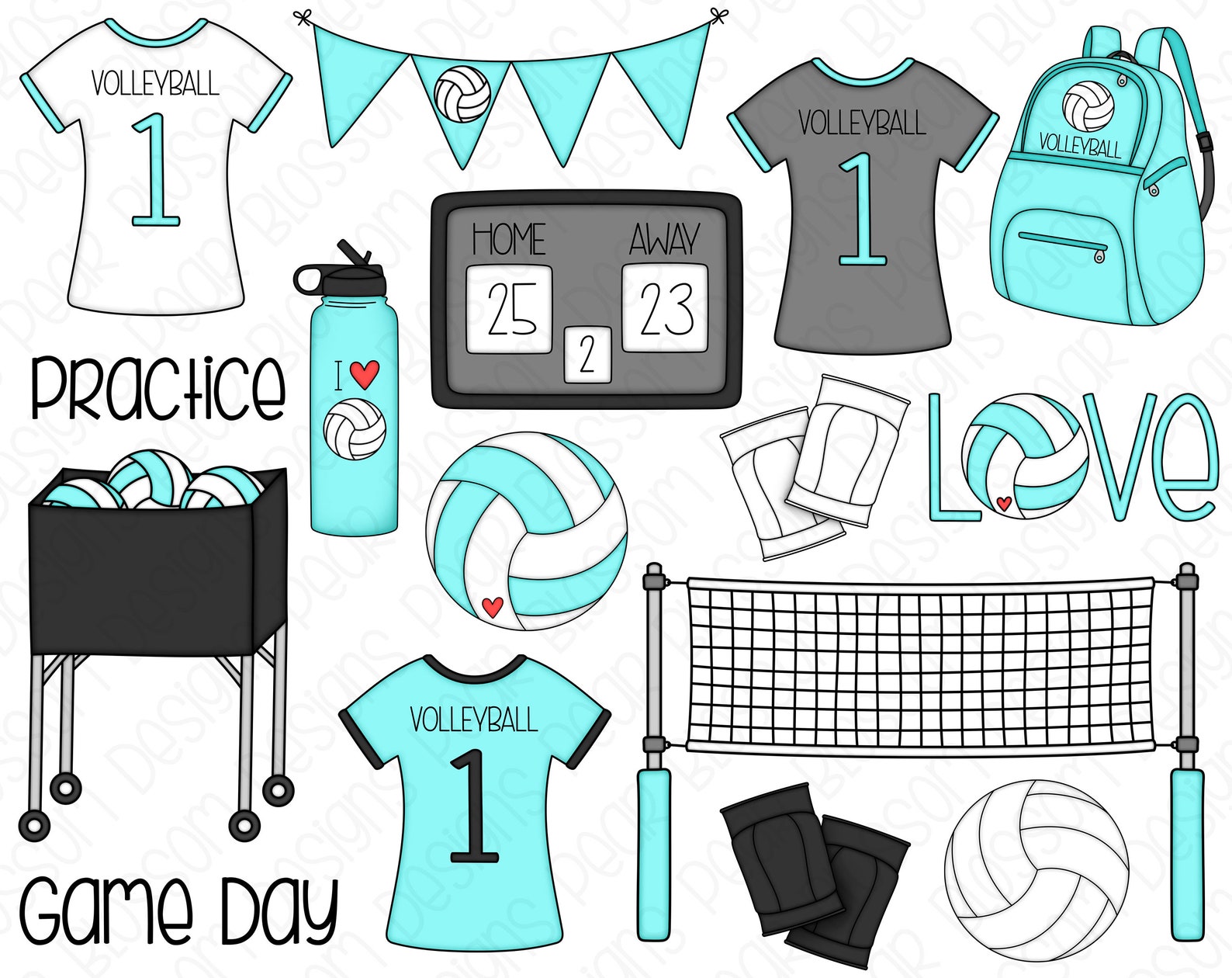Volleyball Hand Drawn Digital Clipart Set of 16 | Etsy