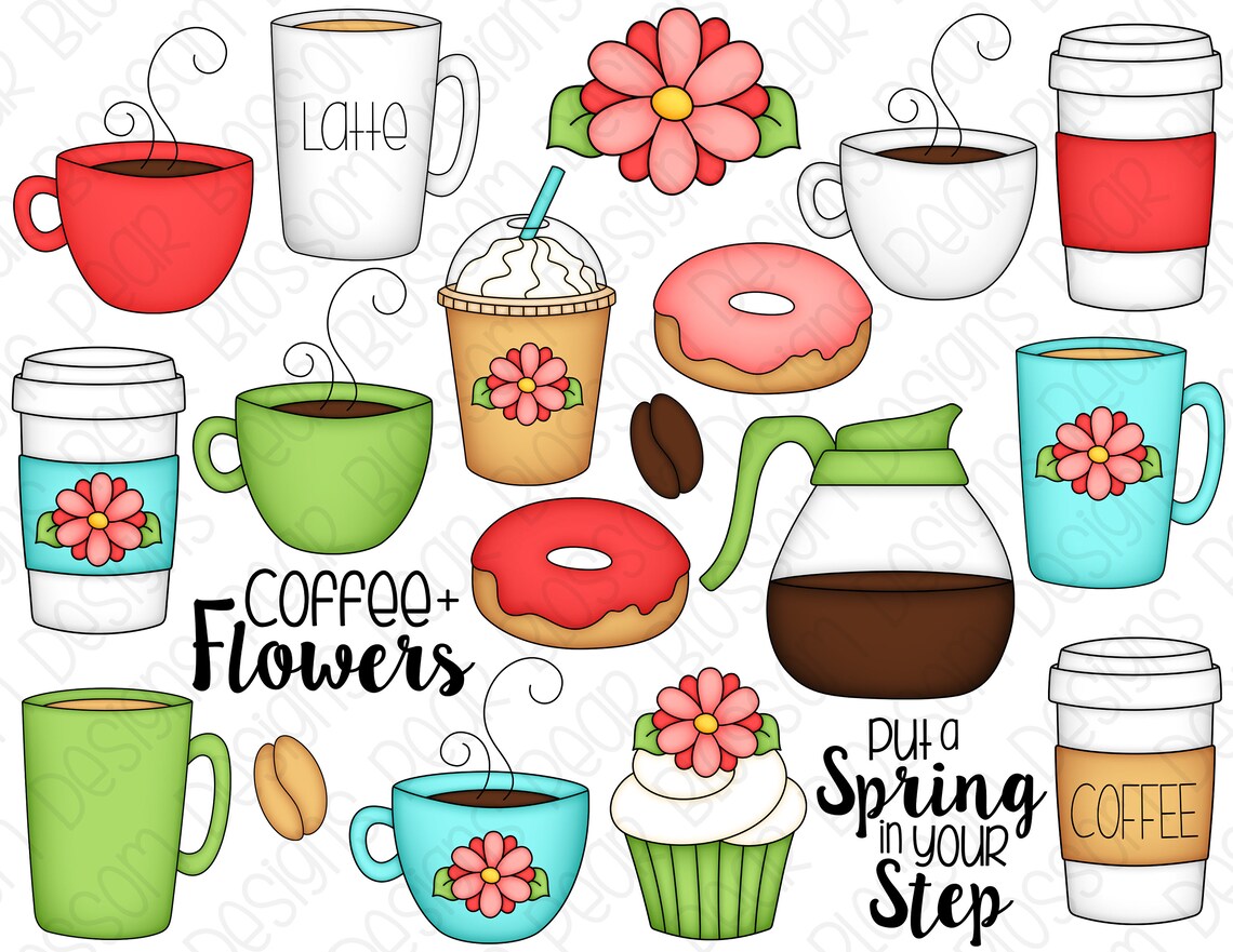 Spring Coffee Clipart Set - Hand Drawn Digital Clipart - Coffee, Latte ...