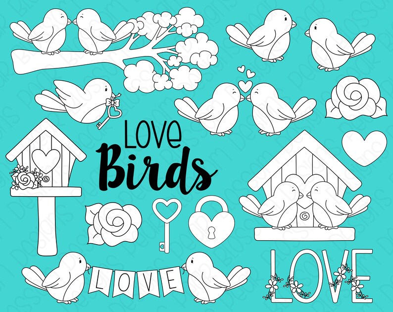 Valentine Love Birds Digital Stamps, Digistamps, Clipart - Instant ...
