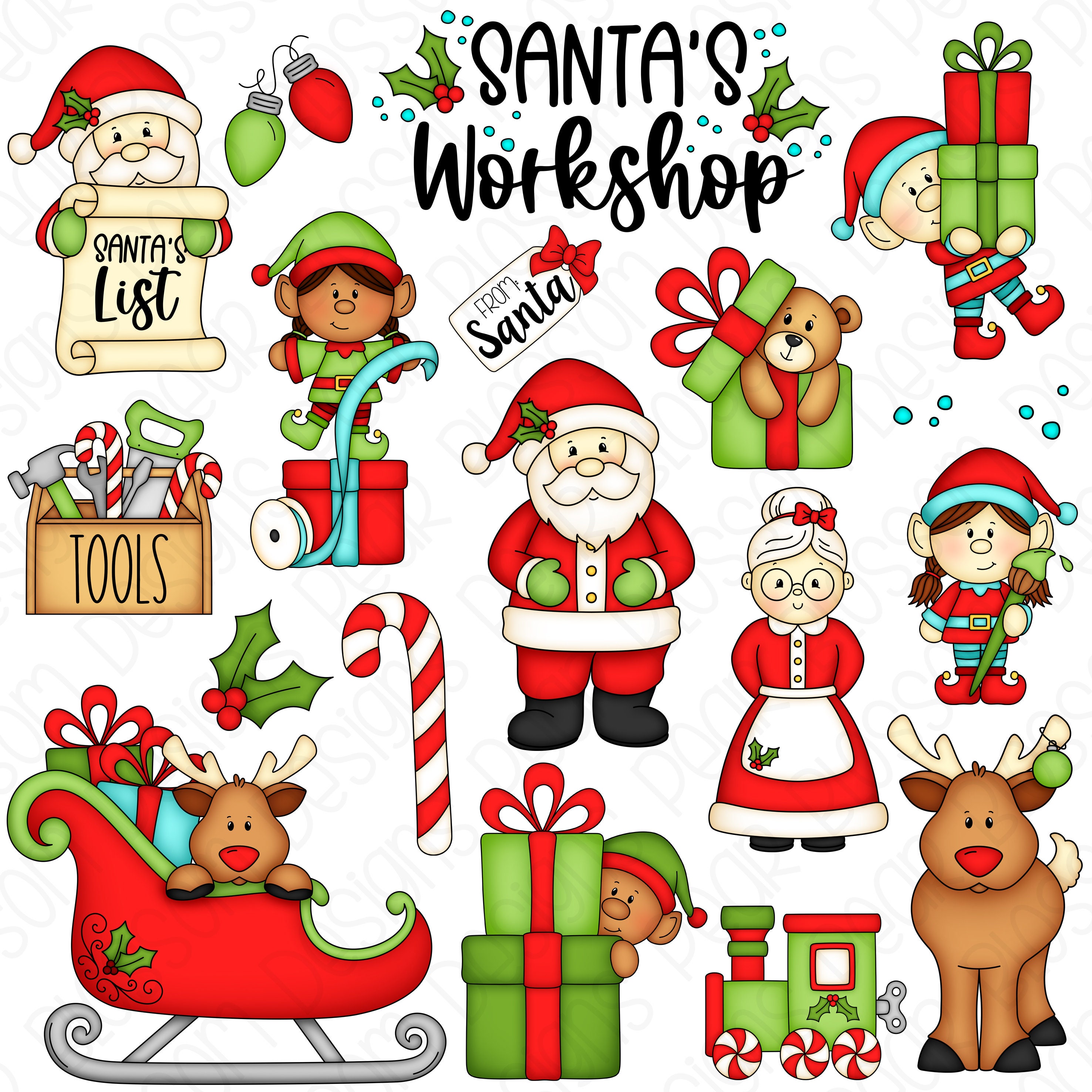 Santa's Workshop Christmas Clipart Set - Hand Drawn Digital Clipart ...