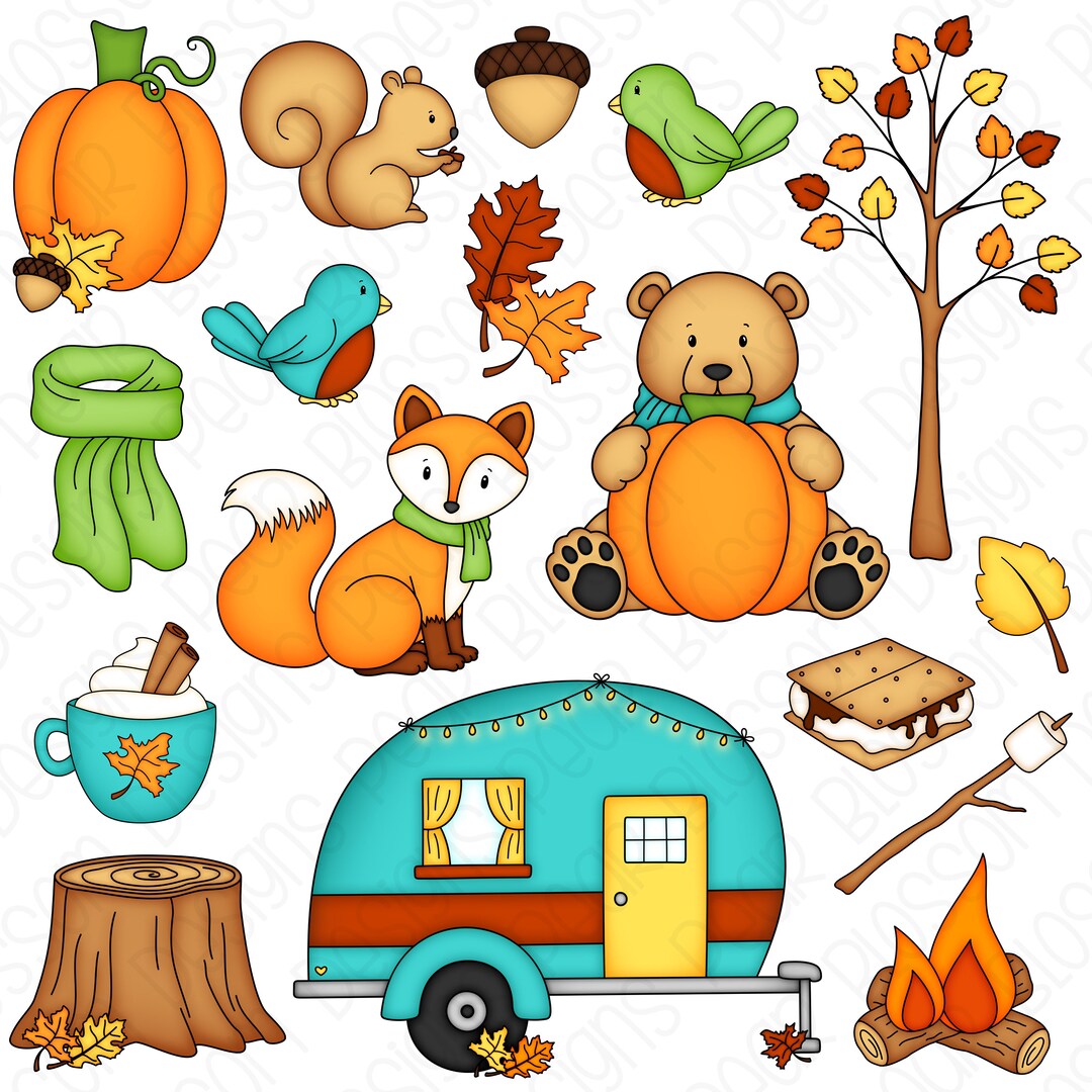 Fall Camping Clipart Set - Hand Drawn Digital Clipart - Fall Bear, Fall ...
