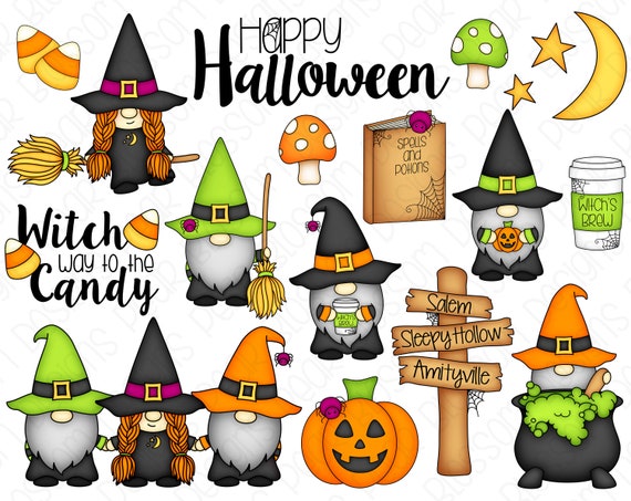 Halloween Gnome Witches Clipart Set Hand Drawn Digital - Etsy
