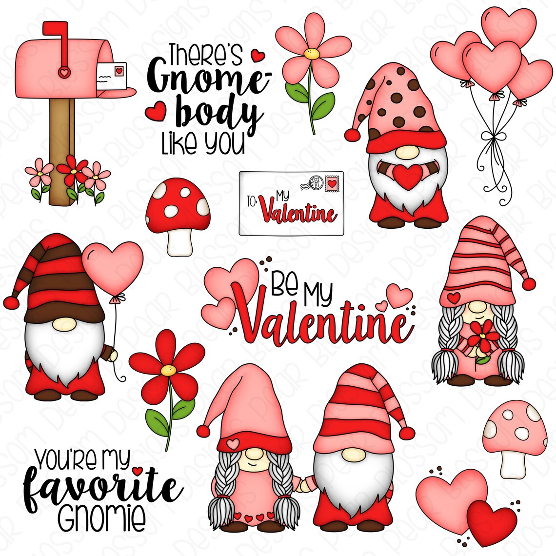 Gnome Valentine Hand Drawn Digital Clipart Set of 15 - Etsy