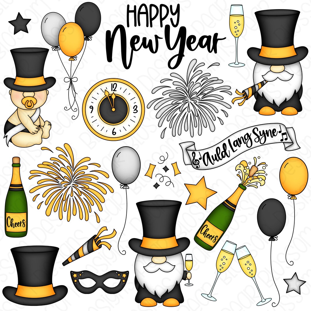 New Year's Hand Drawn Digital Clipart - Set of 23 - New Year's Baby ...