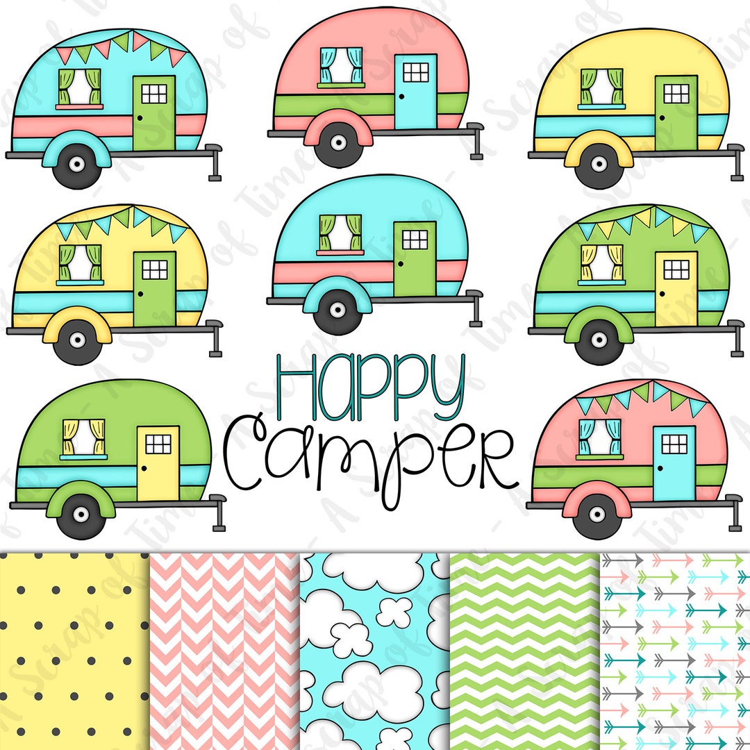 Happy Camper Hand Drawn Digital Clipart & Paper - Set of 14 - Campers ...