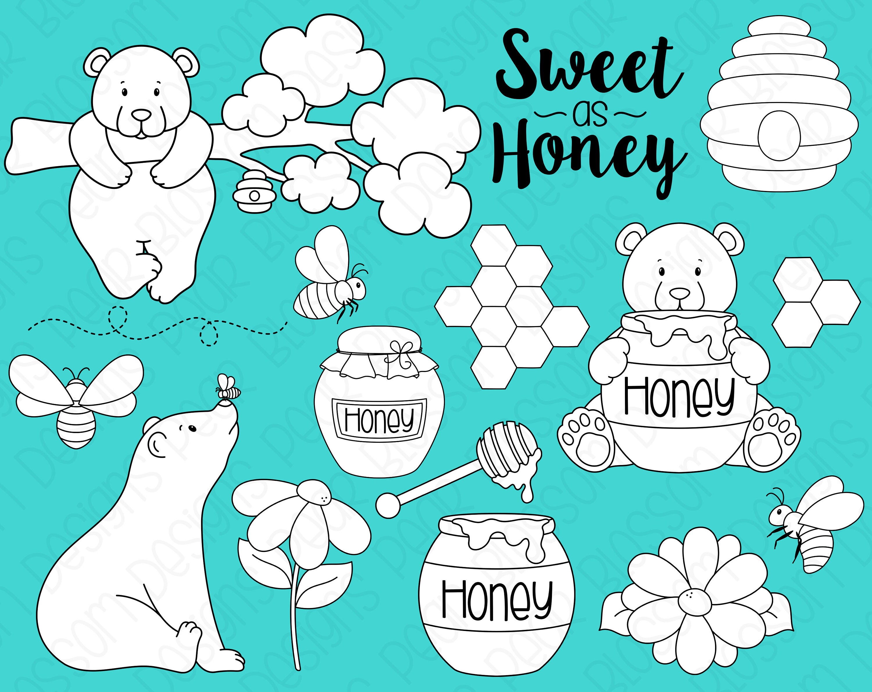 Bear and Honey Bee Digital Stamps Digistamps Clipart | Etsy