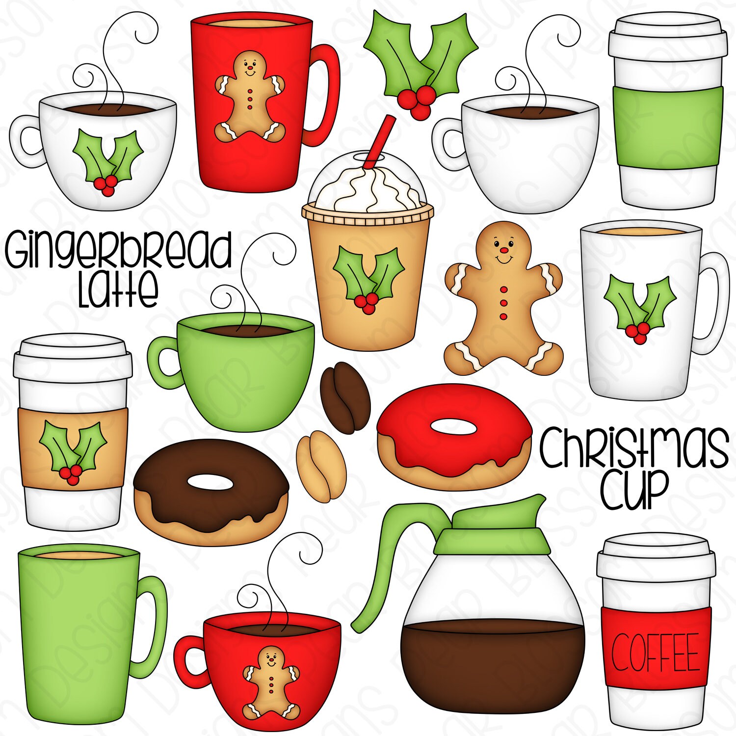 Gingerbread Latte Hand Drawn Digital Clipart - Set of 20 - Coffee ...