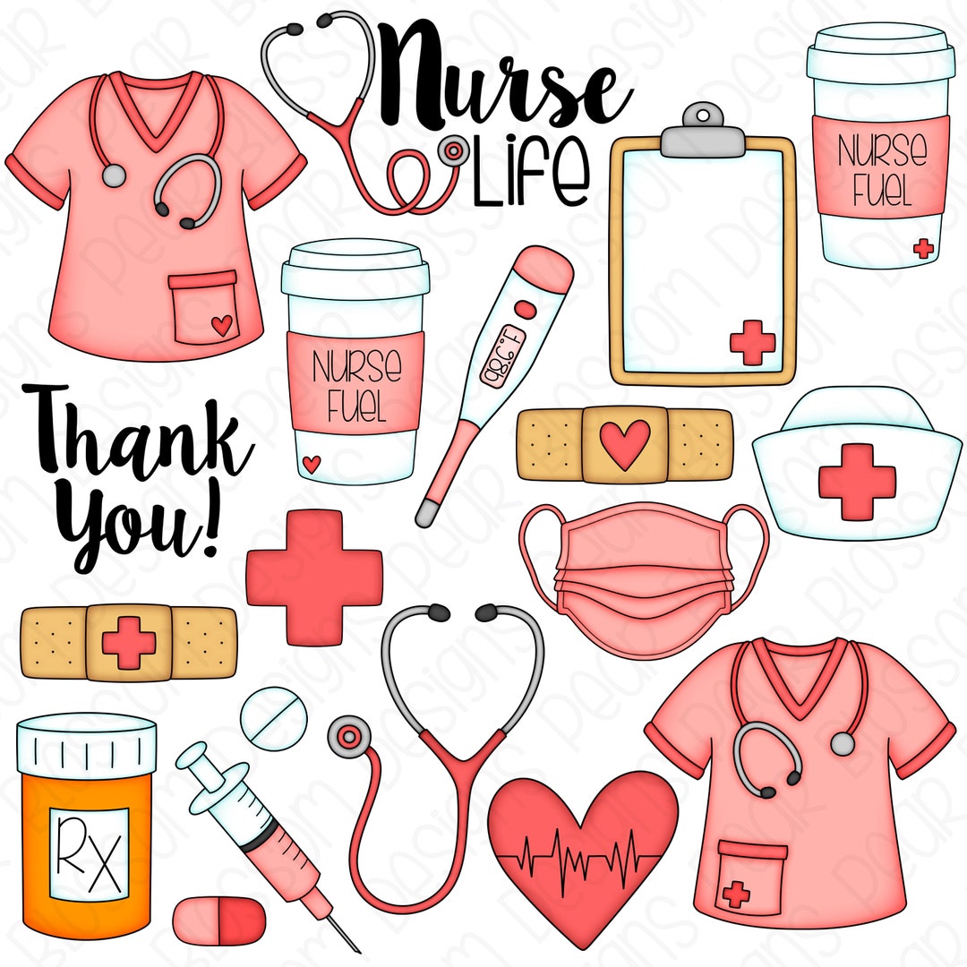 Pink Nurse Life Hand Drawn Digital Clipart - Set of 19 - Scrubs, Mask ...