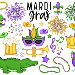 Mardi Gras Hand Drawn Clipart - Set of 26 - Alligator, Mask, Fireworks ...