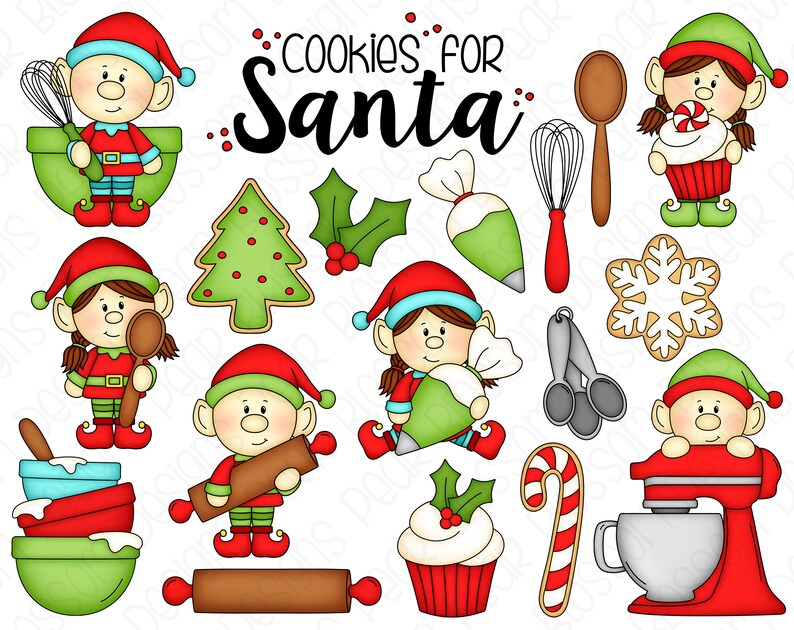 Elf Bakery Cookies for Santa Christmas Clipart Set - Hand Drawn Digital ...
