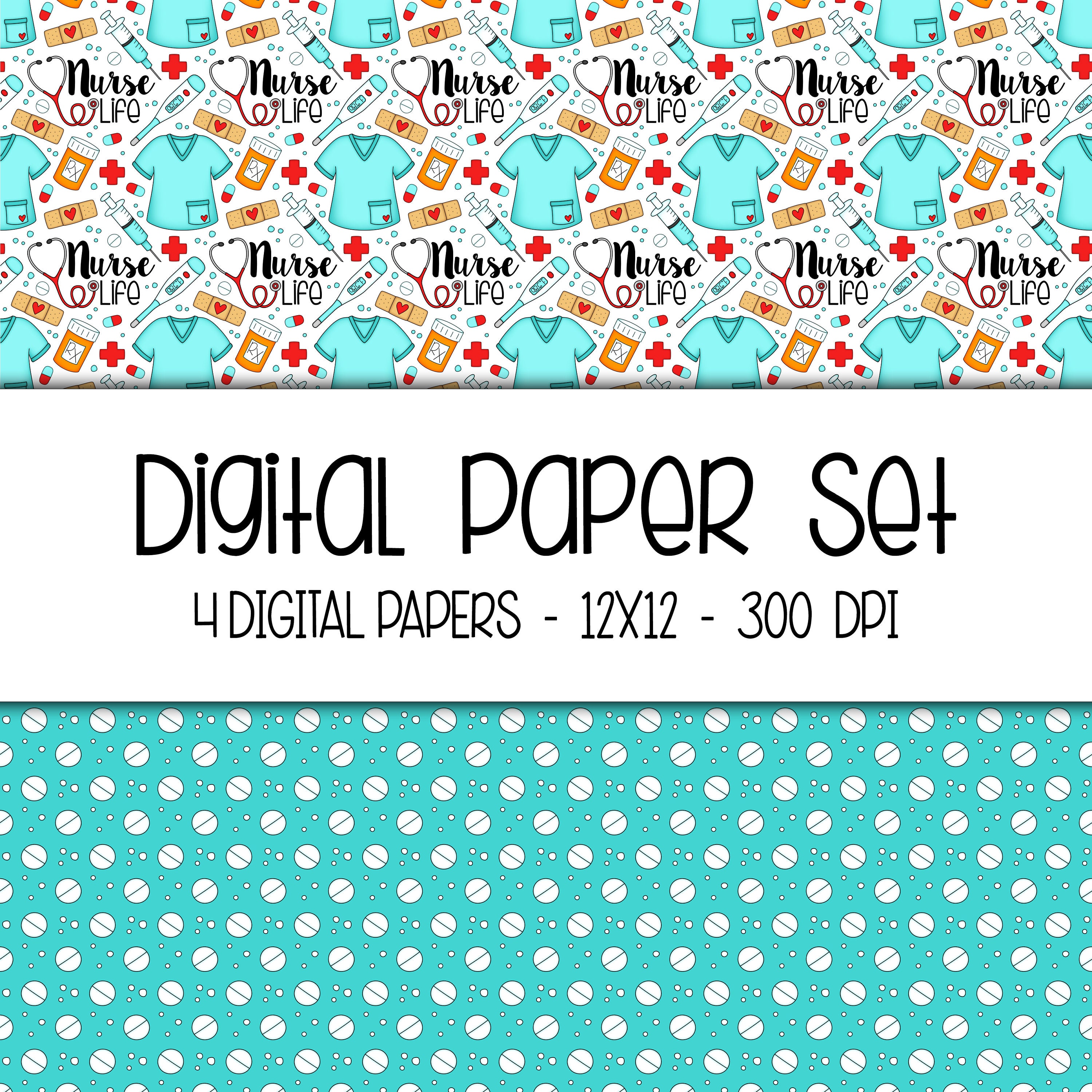 Nurse Life Hand Drawn Digital Paper Mini Pack - Set of 4 - Scrubs ...