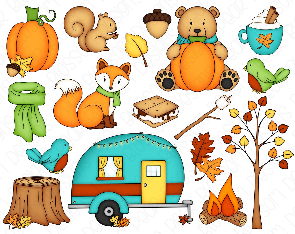 Fall Camping Clipart Set Hand Drawn Digital Clipart Fall - Etsy