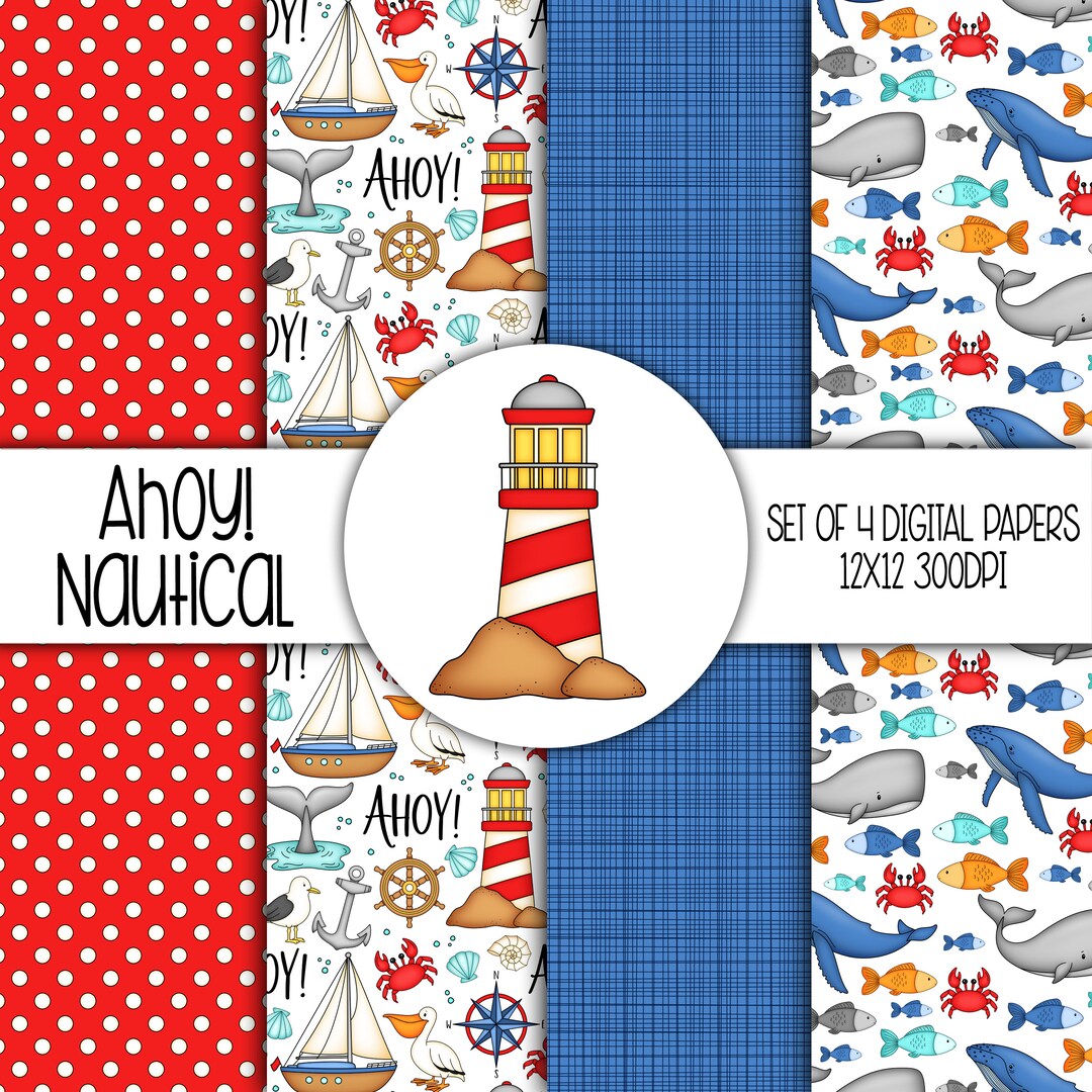 Ahoy! Nautical Hand Drawn Digital Paper Mini Pack - Set of 4 - Instant ...