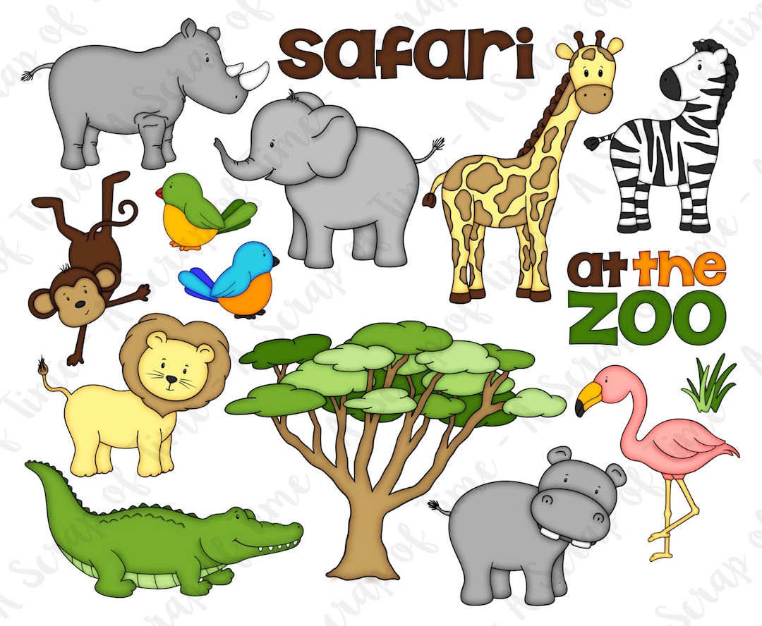 Zoo Safari Hand Drawn Digital Clipart - Set of 15 - Elephant Zebra ...