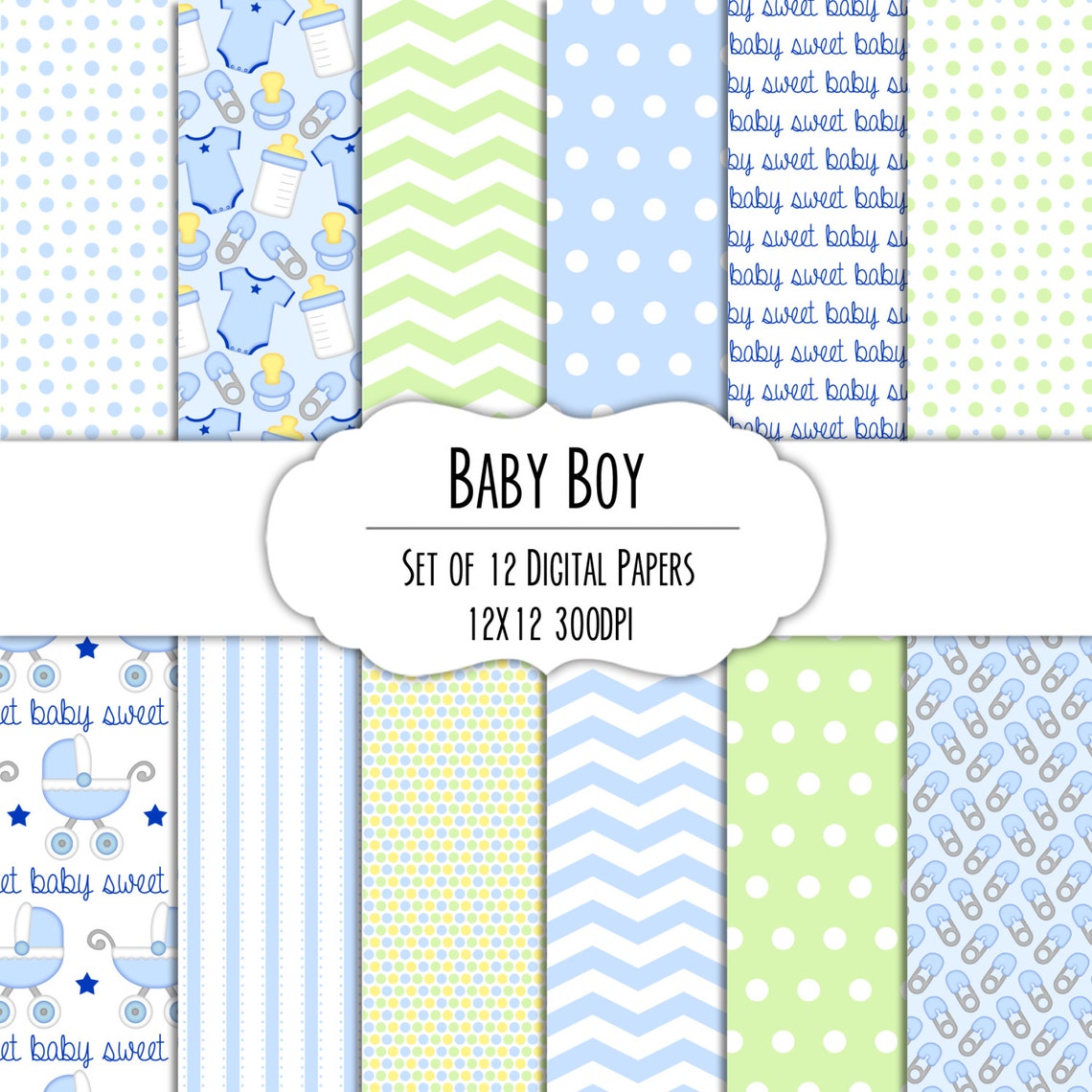 Baby Boy Digital Scrapbook Paper 12x12 Pack - Set of 12 - Diaper Pins ...