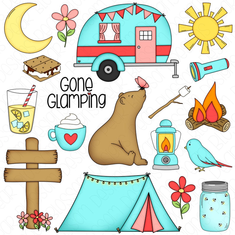 Glamping Digital Clipart - Set of 18 - Tent, Camper, Bear, Lemonade ...