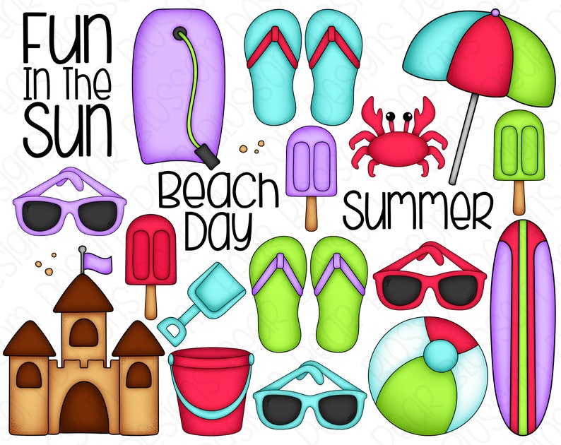 Beach Days Pink Digital Clipart - Set of 23 - Surfboard, Flip Flops ...