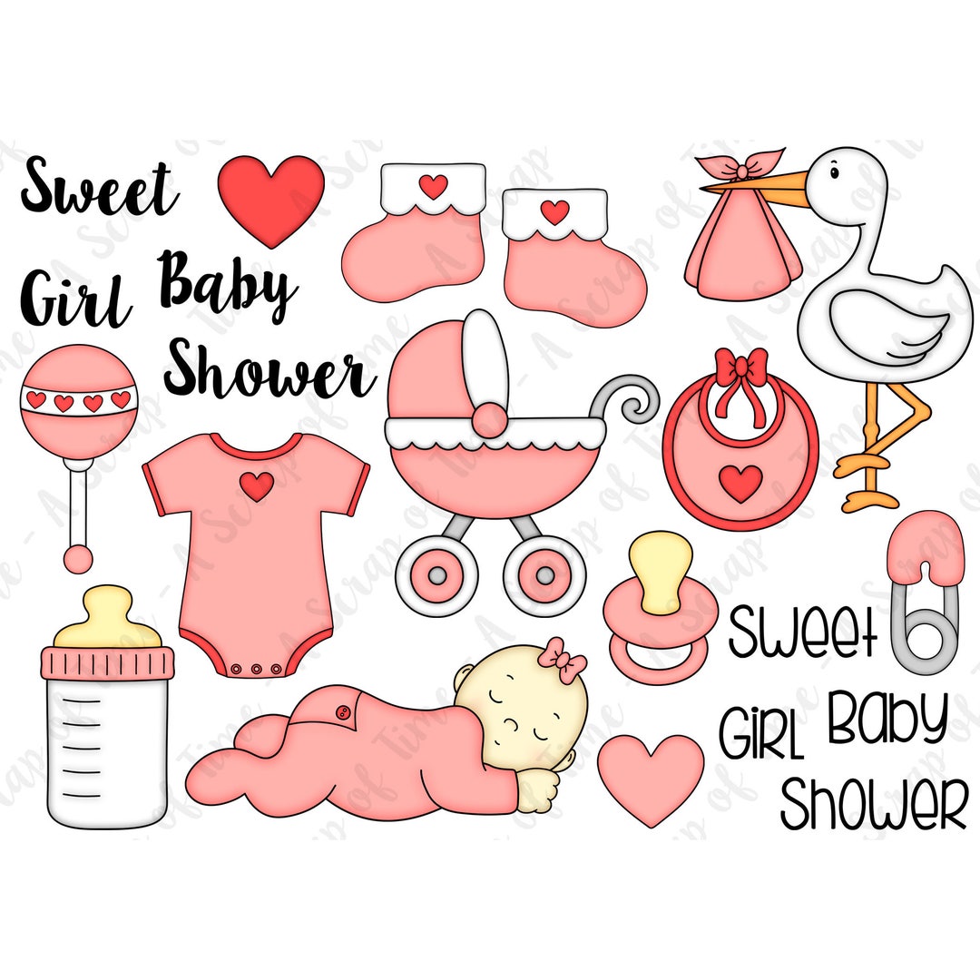 Baby Girl Hand Drawn Digital Clipart - Set of 21 - Stork, Pacifier ...