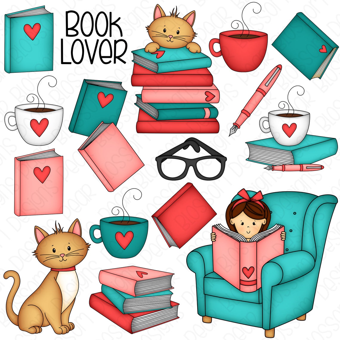 Book Lover Hand Drawn Digital Clipart Set of 16 Coffee - Etsy