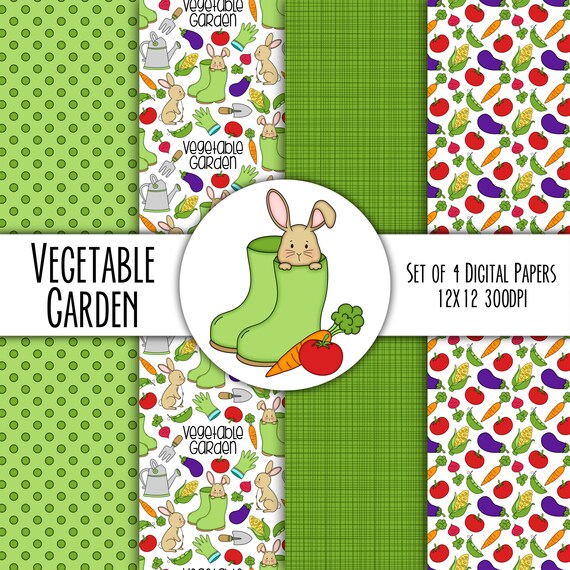 Vegetable Garden Hand Drawn Digital Paper Mini Pack Set of 4 | Etsy