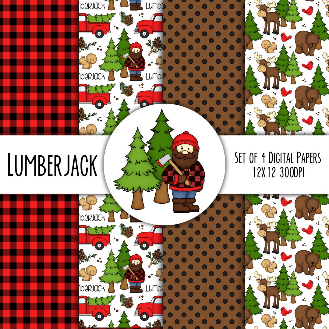 Lumberjack Hand Drawn Digital Paper Mini Pack - Set of 4 - Moose Bear ...