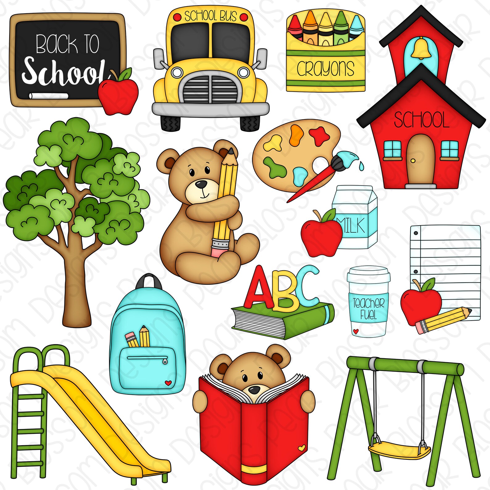 Back to School Digital Clipart - Set of 15 - School House, Playground ...