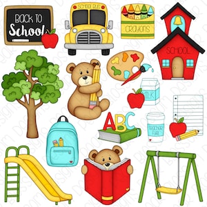 Back to School Digital Clipart - Set of 15 - School House, Playground ...