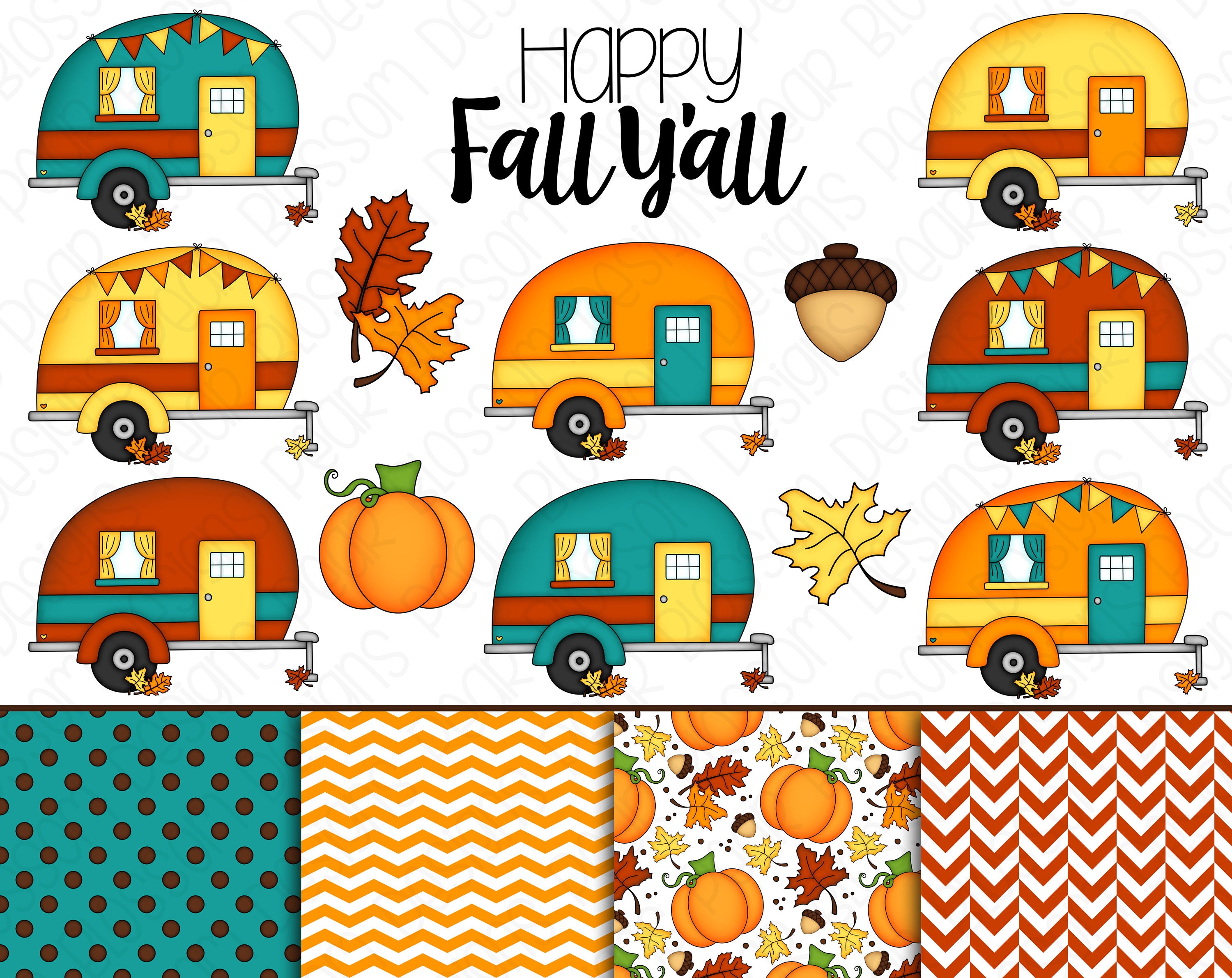 Fall Campers Clipart & Paper Set – Hand Drawn Digital Graphics - Item ...