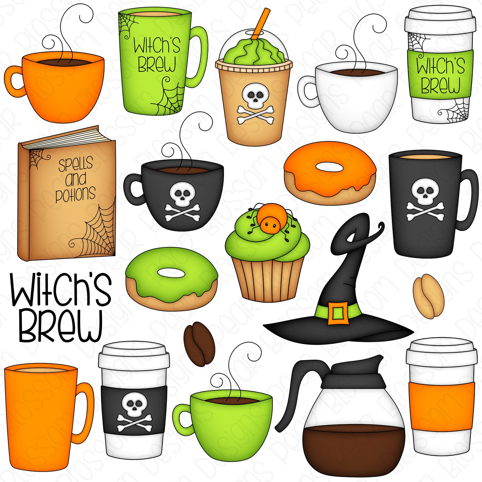 Witch's Brew Coffee Hand Drawn Digital Clipart - Set of 20 - Coffee ...