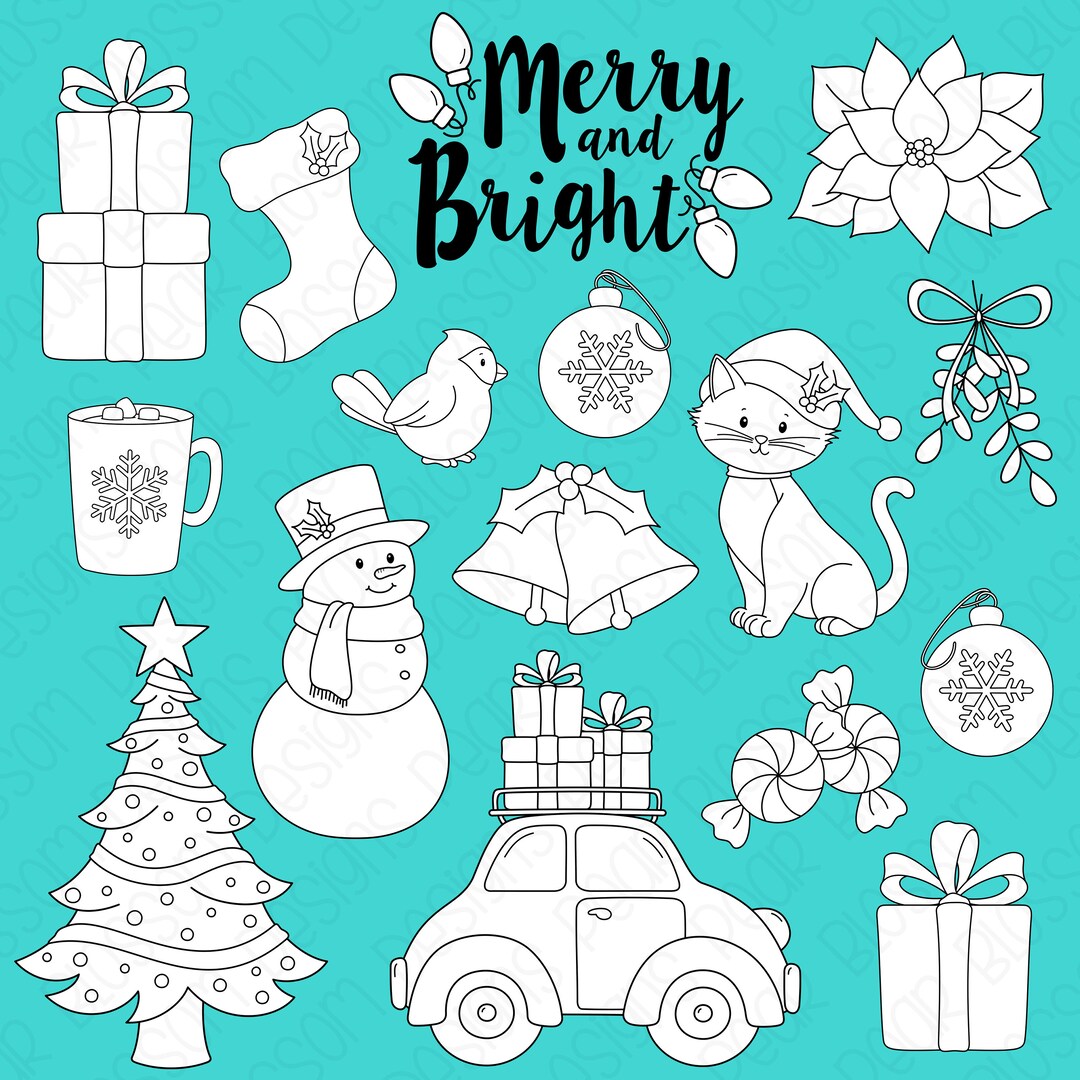 Merry and Bright Christmas Digital Stamps, Digistamps, Clipart ...