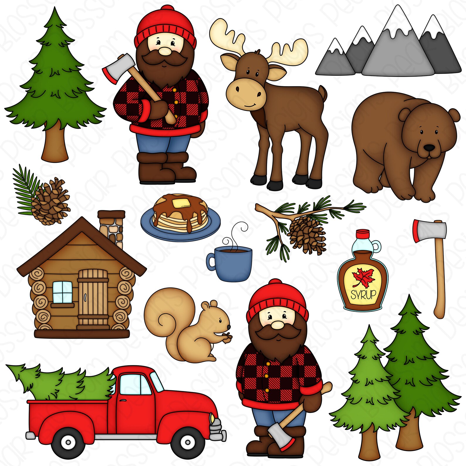 Lumberjack Hand Drawn Digital Clipart Set of 18 Christmas Tree, Truck ...