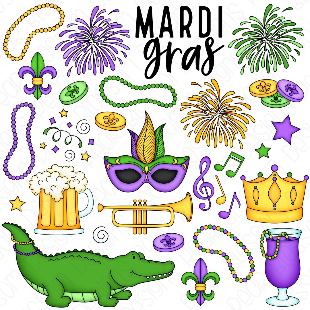 Mardi Gras Hand Drawn Clipart - Set of 26 - Alligator, Mask, Fireworks ...