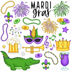 Mardi Gras Hand Drawn Clipart - Set of 26 - Alligator, Mask, Fireworks ...