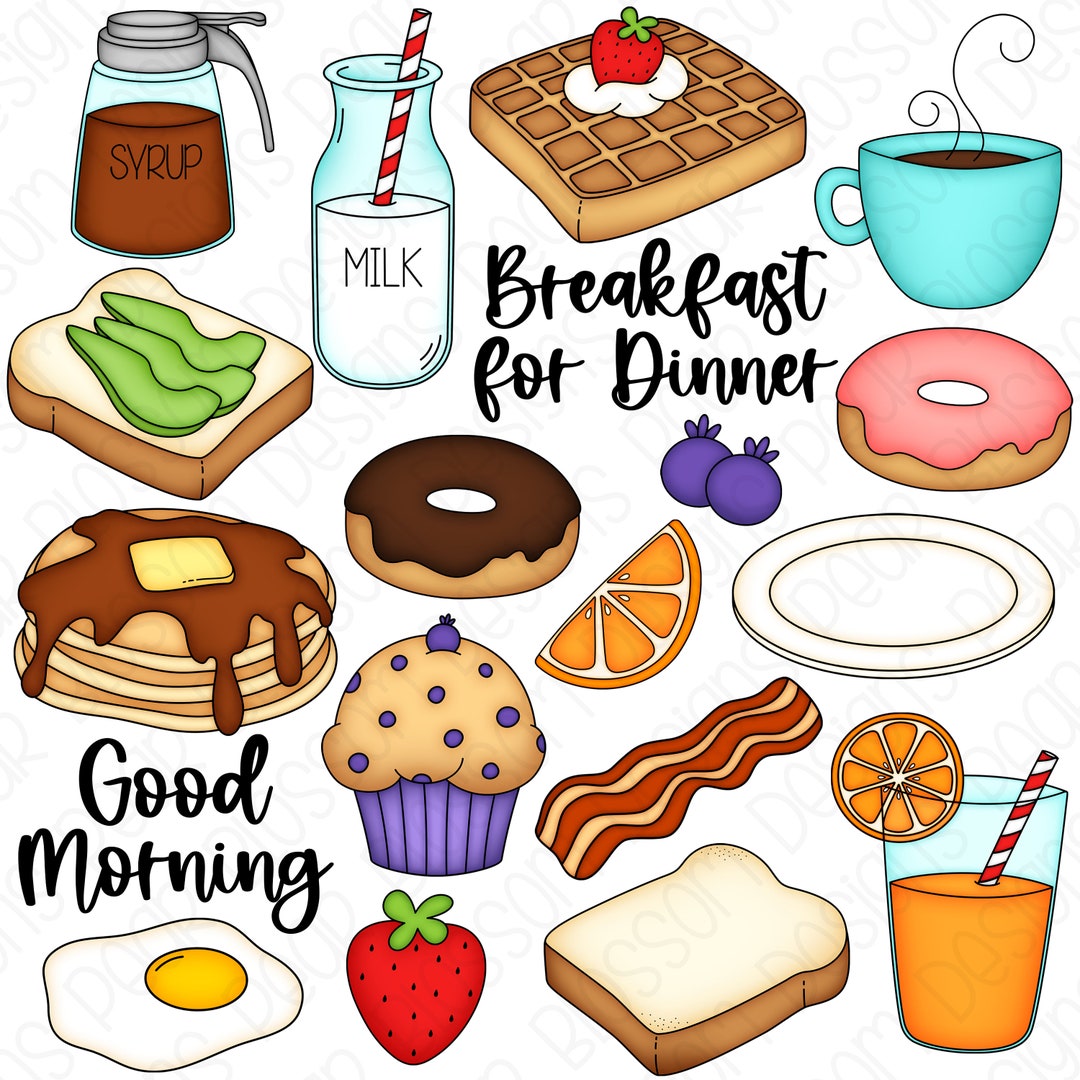 Breakfast Hand Drawn Digital Clipart - Set of 19 - Pancakes, Waffle ...