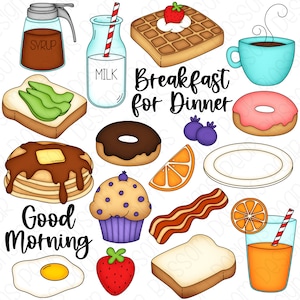 Breakfast Hand Drawn Digital Clipart - Set of 19 - Pancakes, Waffle ...