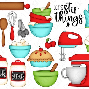 Cherry Bakery Hand Drawn Digital Clipart - Set of 18 - Retro Kitchen ...