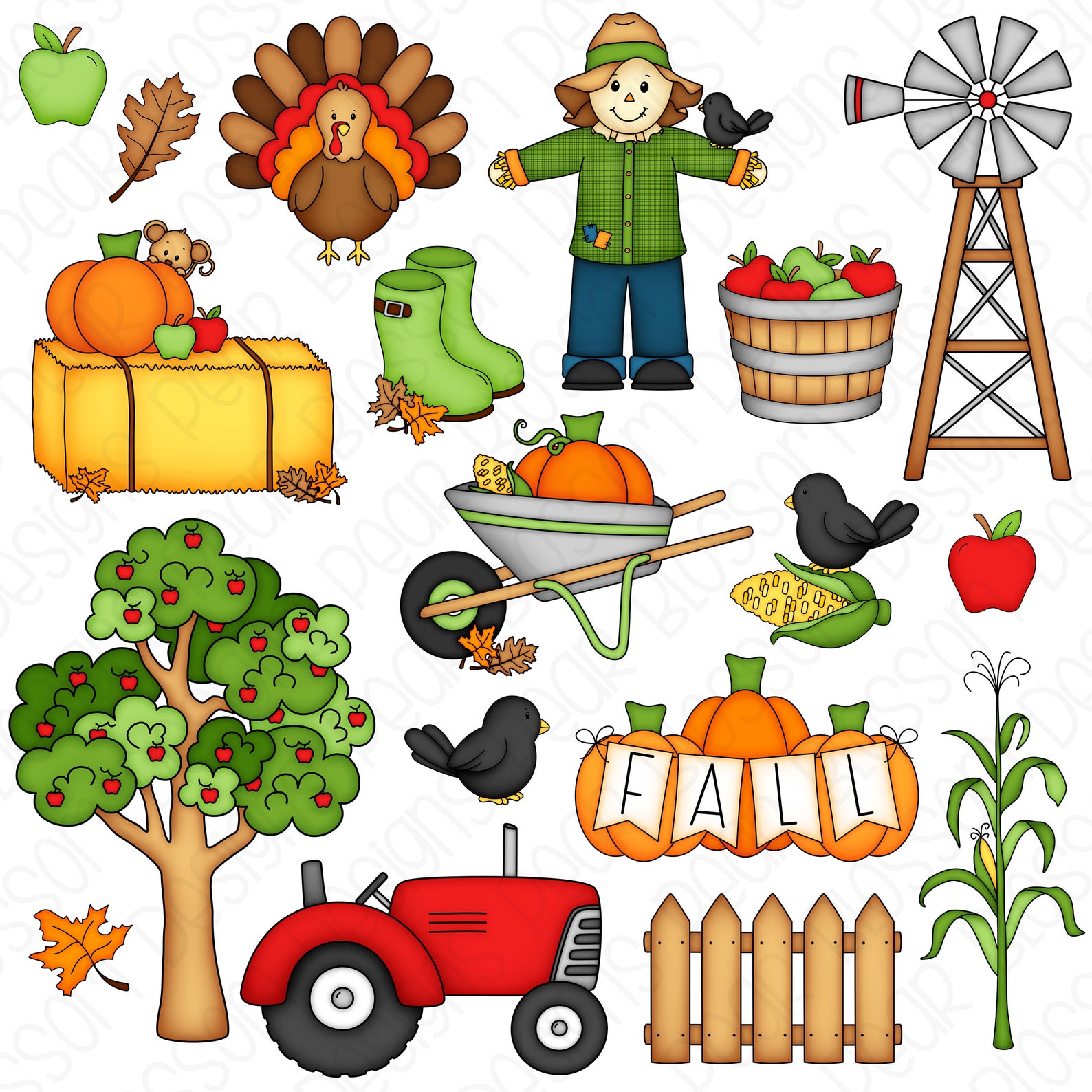 Fall Farm Clipart Set Hand Drawn Digital Clipart Fall | Etsy