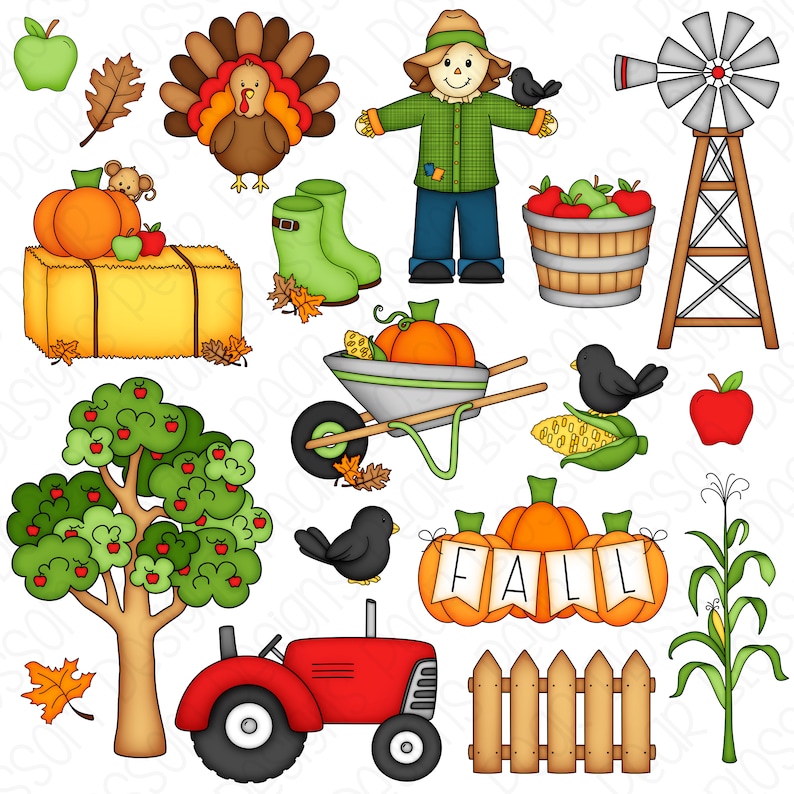 Fall Farm Clipart Set Hand Drawn Digital Clipart Fall | Etsy