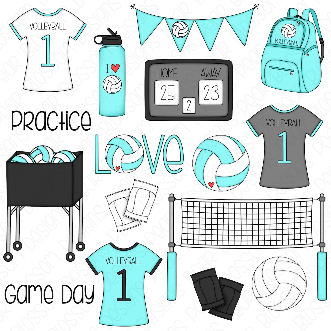 Volleyball Hand Drawn Digital Clipart - Set of 16 - Volleyball ...