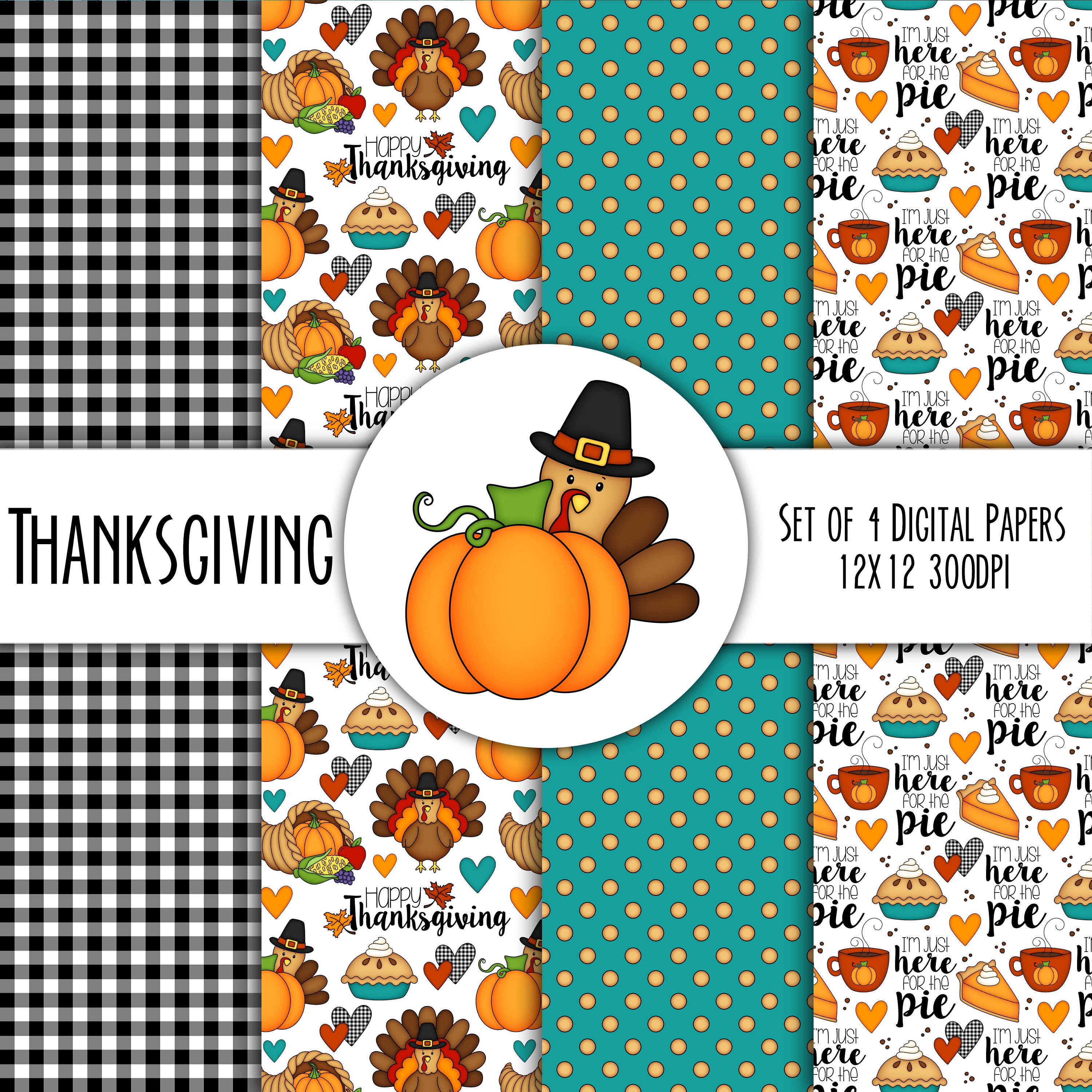 Thanksgiving Hand Drawn Digital Paper Mini Pack Set of 4 | Etsy