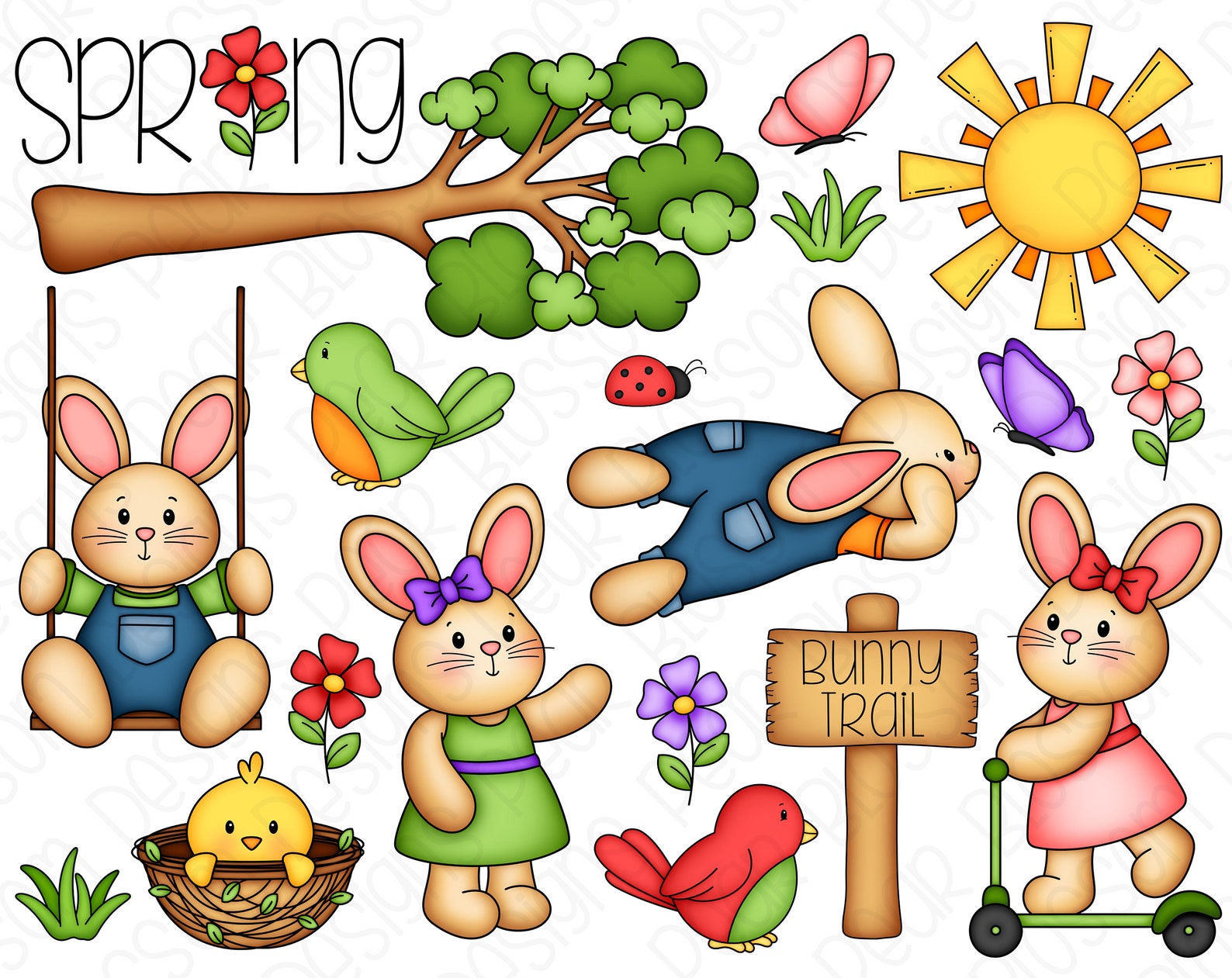 Spring Bunnies Hand Drawn Digital Clipart - Set of 19 - Instant ...