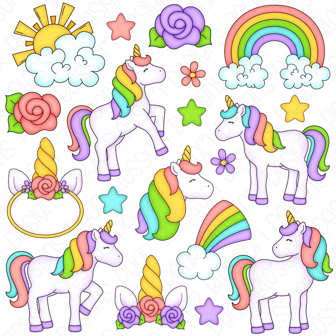 Unicorns and Rainbows Clipart Set Hand Drawn Digital Clipart - Etsy