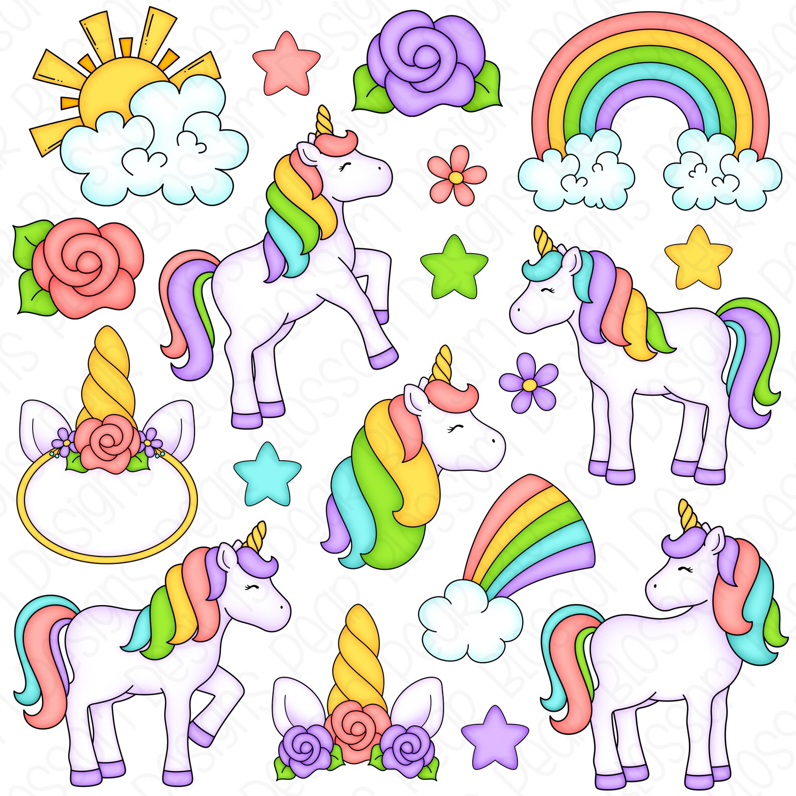 Unicorns and Rainbows Clipart Set Hand Drawn Digital Clipart - Etsy