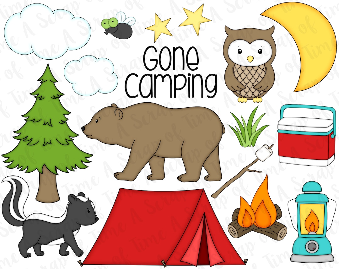 Camping Digital Clipart - Set of 17 - Tent, Tree, Bear, Skunk, Owl ...