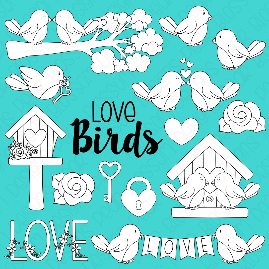 Valentine Love Birds Digital Stamps, Digistamps, Clipart - Instant ...